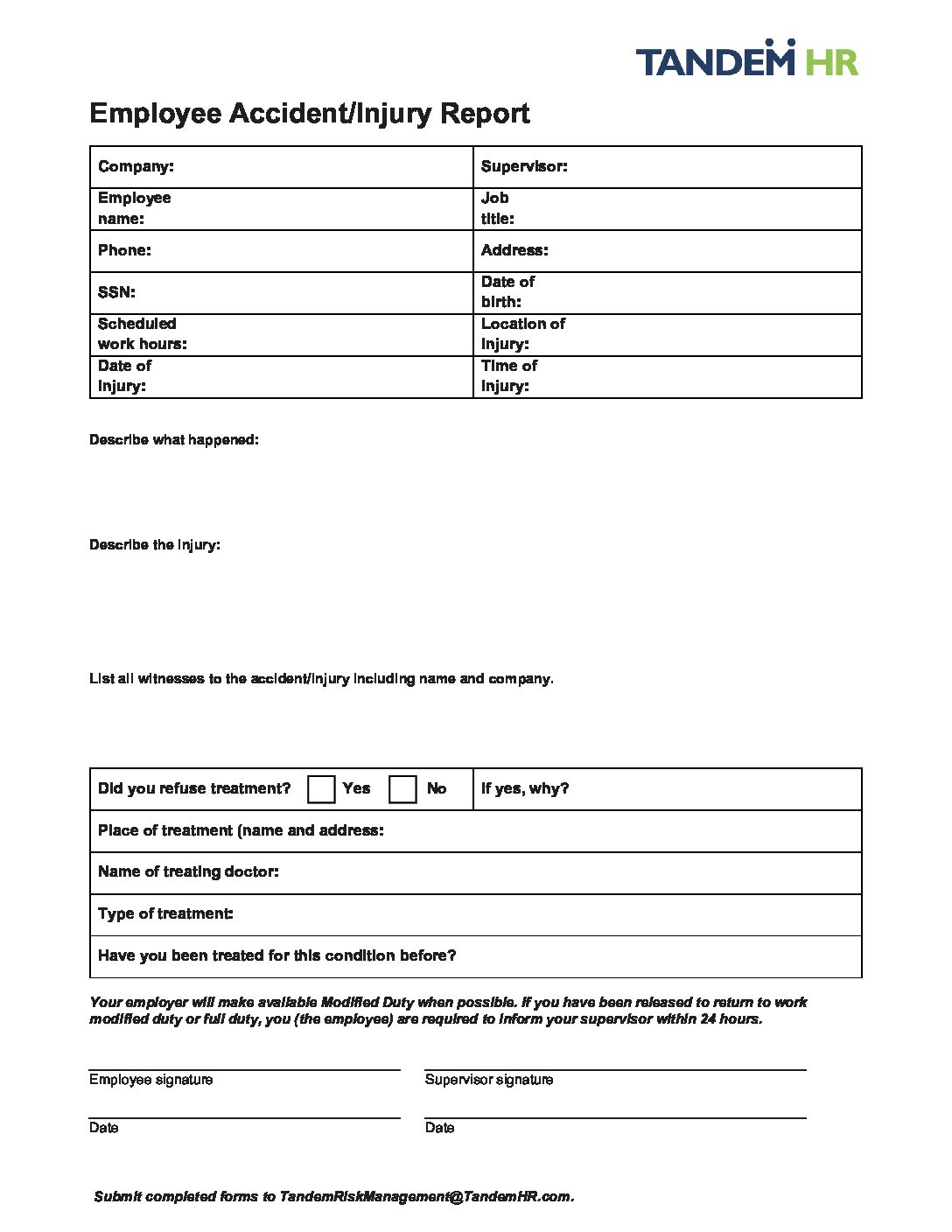 Blank Employee Incident Report Form